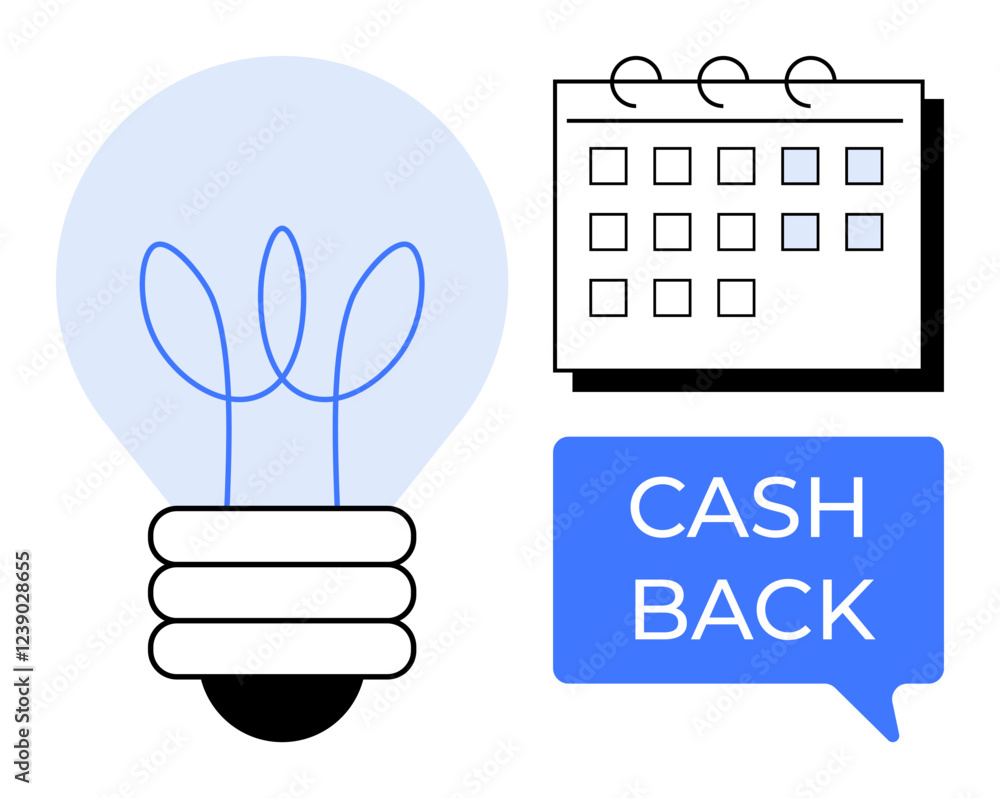 Light bulb with filament, calendar with marked dates, and speech bubble ...