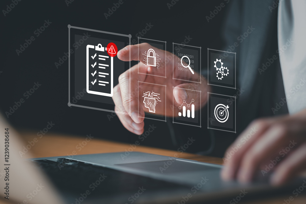 close up with hand of business person identify danger risk with AI ...