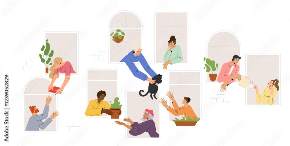 Neighbors sharing things and helping each other through open windows of ...