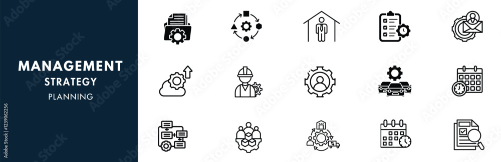 MANAGEMENT, STRATEGY, and PLANNING Outline Icon Collection. Thin Line ...