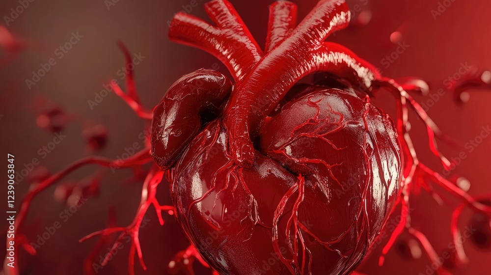 Detailed 3D rendering of a red anatomical heart with visible blood ...