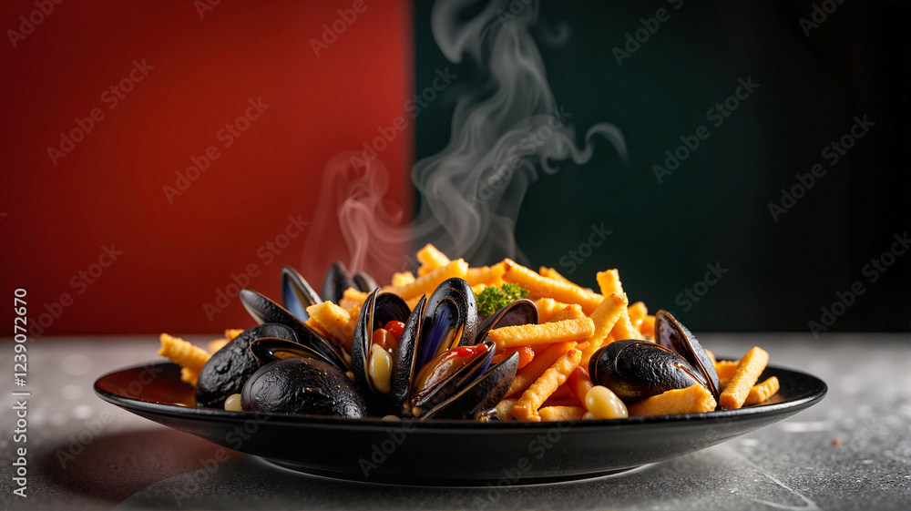 Gourmet moules-frites with steam, dramatic food presentation Stock ...