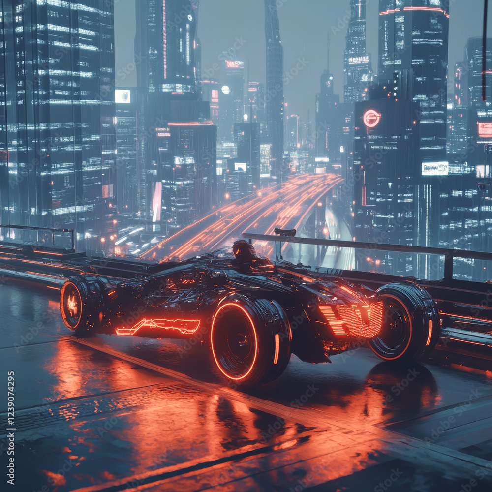 Riders from 2090 zooming on high-tech highways with glowing orange ...