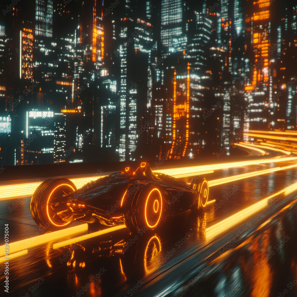 Riders from 2090 zooming on high-tech highways with glowing orange ...