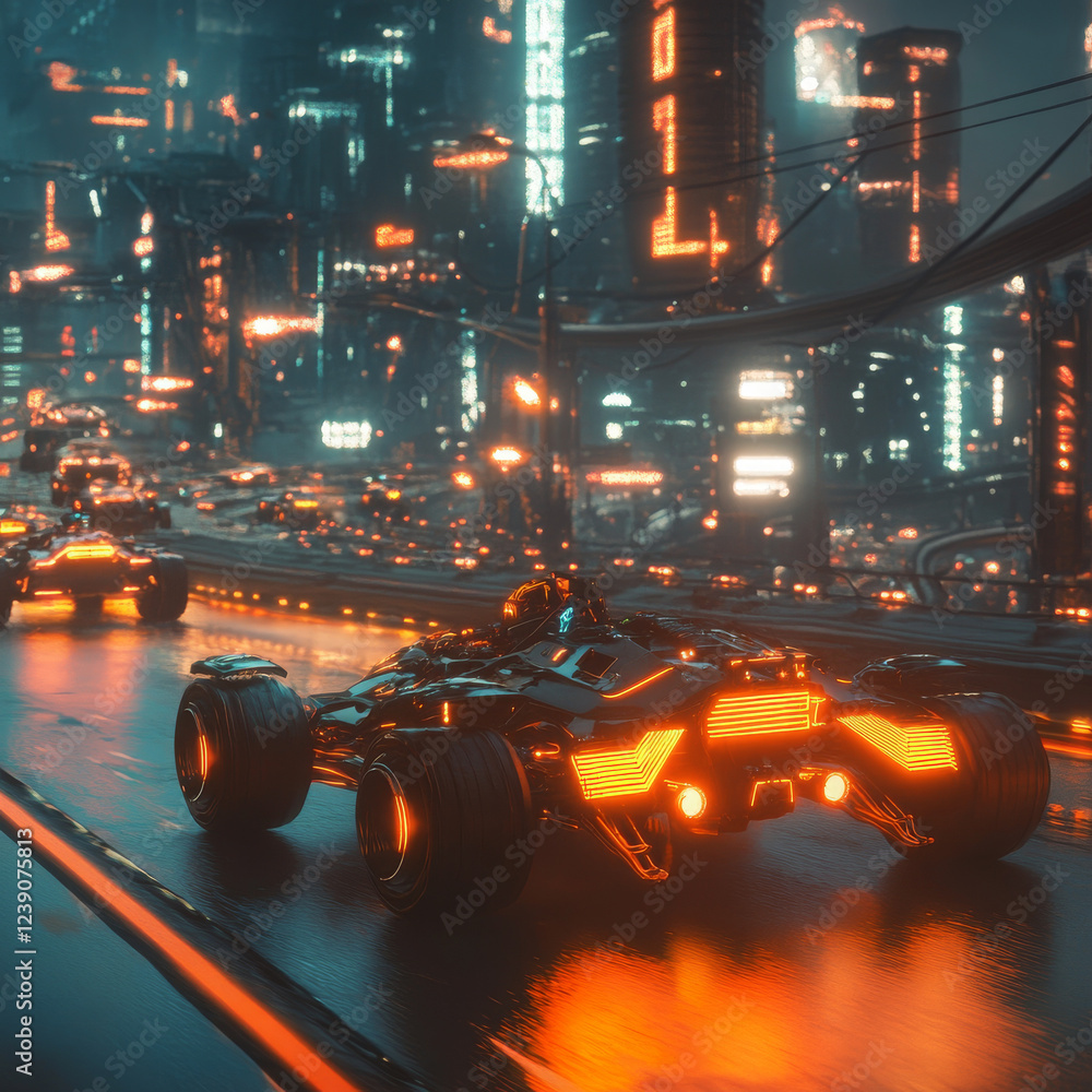 Riders from 2090 zooming on high-tech highways with glowing orange ...