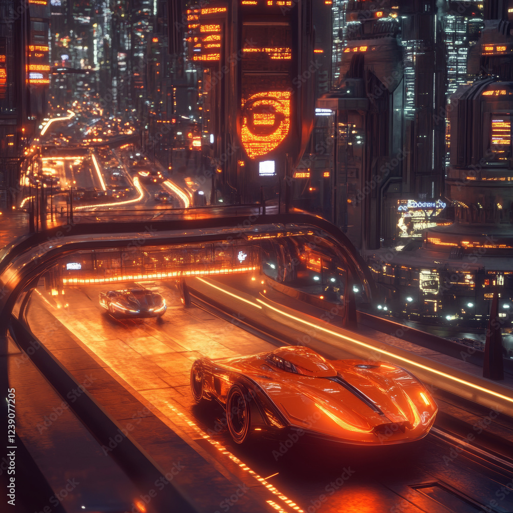 Riders from 2090 zooming on high-tech highways with glowing orange ...