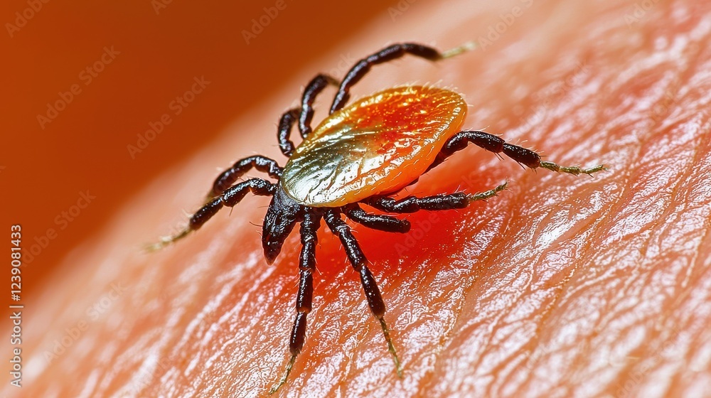 A close-up of a tick latched onto human skin, with glowing red ...