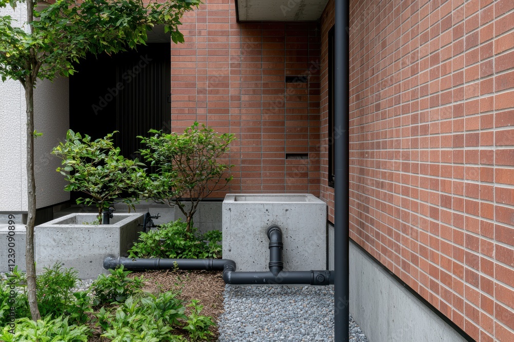 Residential house with exposed underground piping, emphasizing modern ...