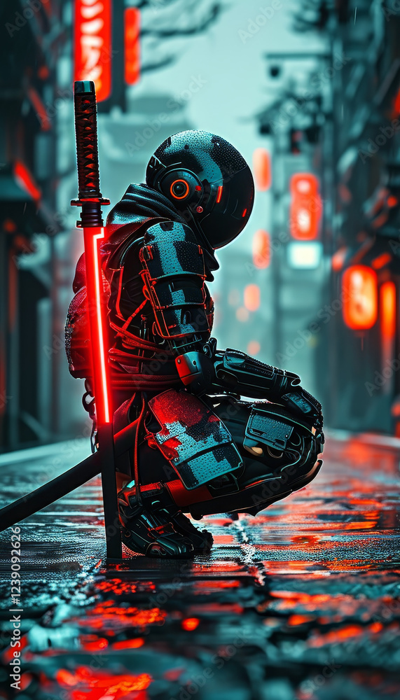 a cyborg samurai with a red neon katana on his back sitting crouching ...
