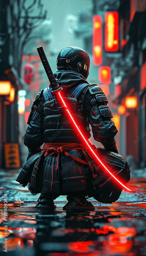 a cyborg samurai with a red neon katana on his back sitting crouching ...