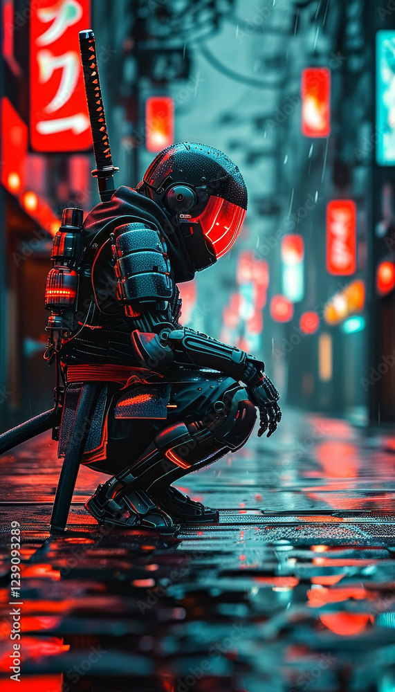a cyborg samurai with a red neon katana on his back sitting crouching ...