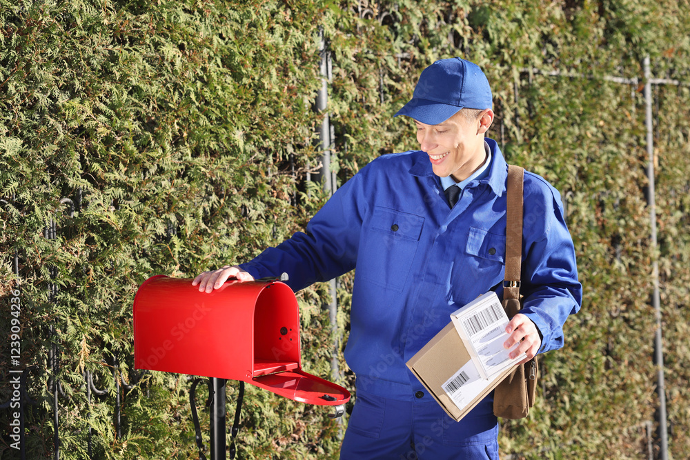 Postman putting parcel into mail box outdoors Stock Photo | Adobe Stock