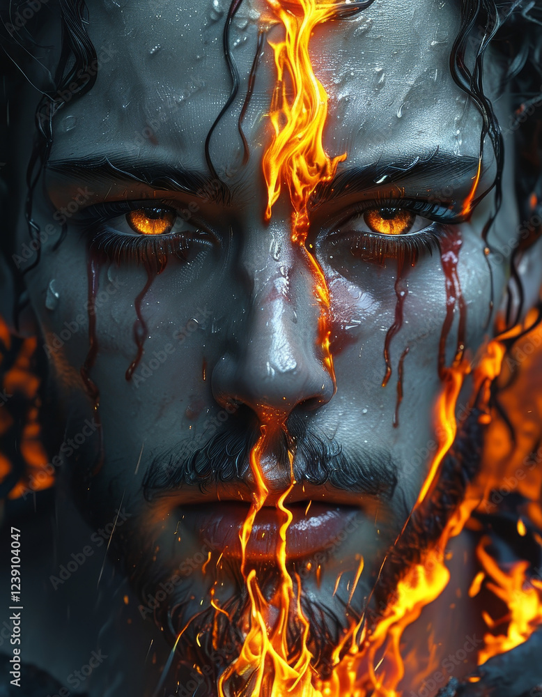 Abstract Burnout concept: portrait of a broken man shedding tears and a ...