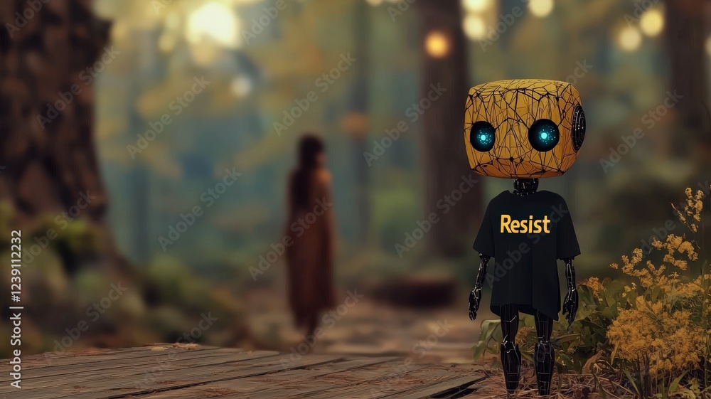 resist concept. A whimsical robot in a forest, wearing a shirt with a ...
