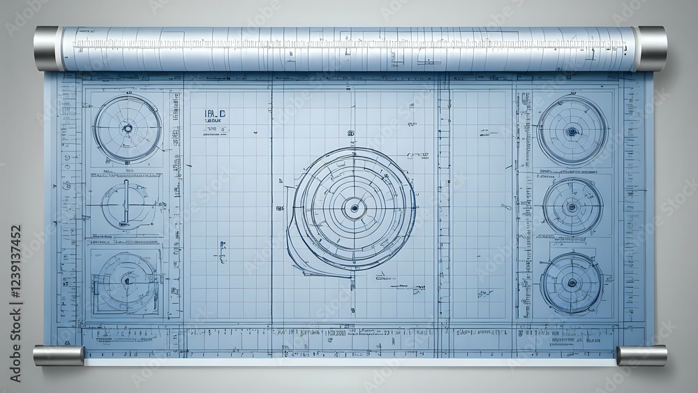 Rolled-up technical blueprint displaying intricate mechanical design ...