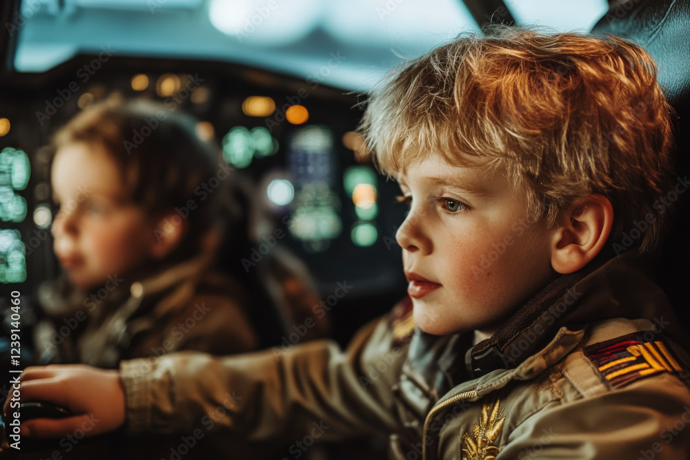 Young aspiring pilots seated in a realistic cockpit simulation while ...