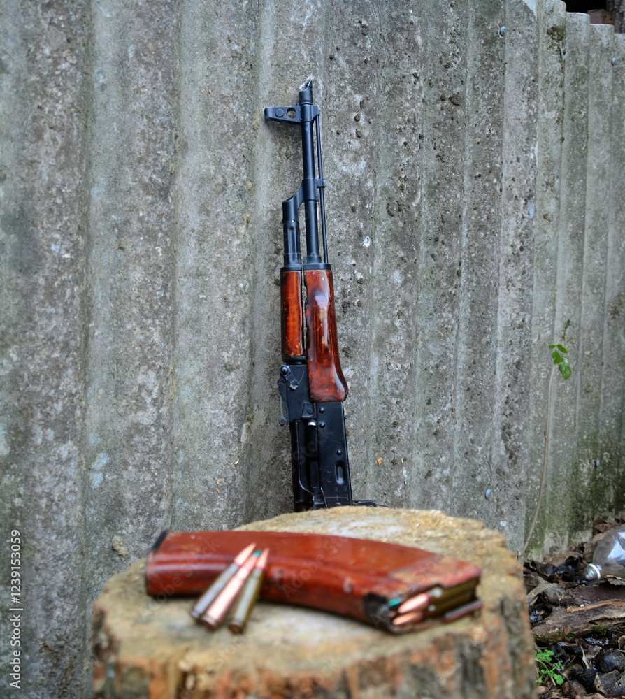 AKM. machine gun with cartridges Stock Photo | Adobe Stock