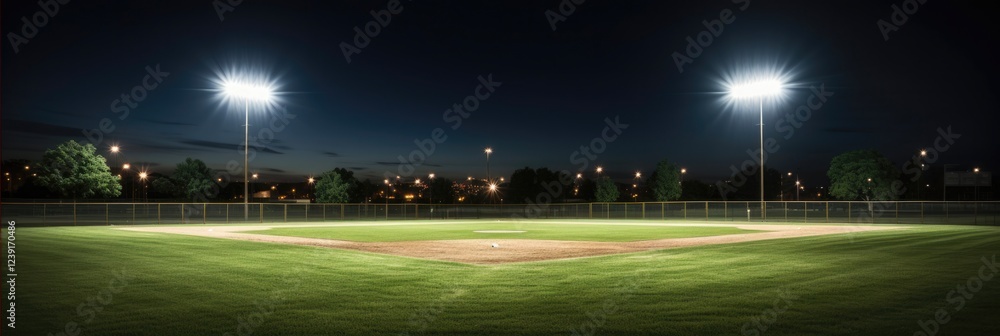 Night-time Panorama of Empty Baseball Field with Dugout, Bleachers, and ...