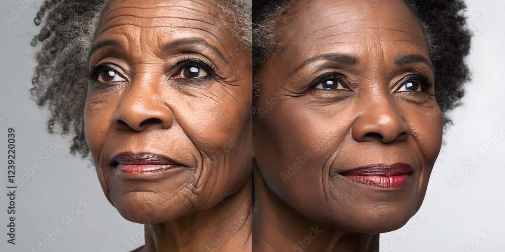 before and after, dark-skinned woman, deep wrinkles, Botox treatment ...
