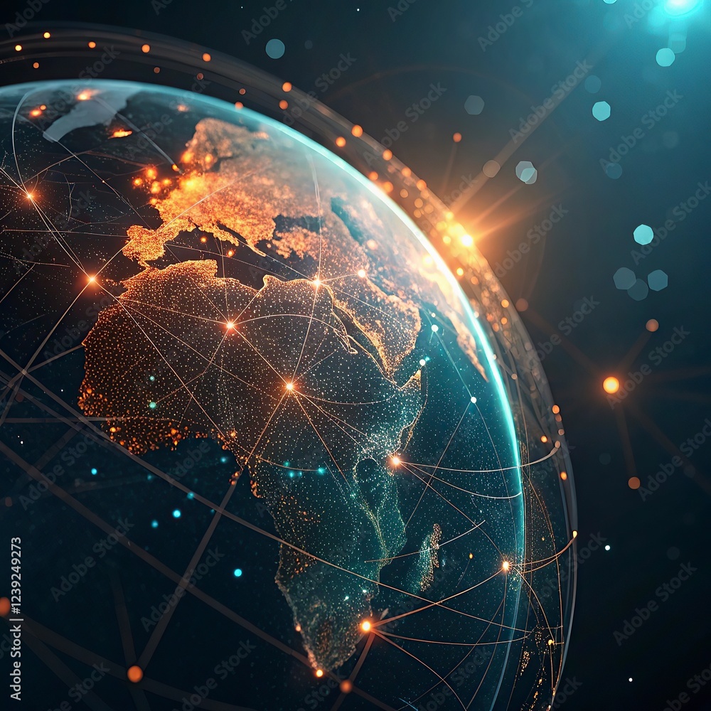 Global network, Earth from space, glowing city lights, interconnected ...