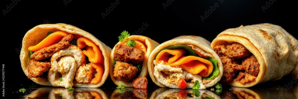 Different types of wraps filled with various ingredients on a dark ...