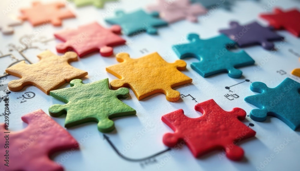 Interlocking puzzle pieces forming a flowchart, progress, six ...