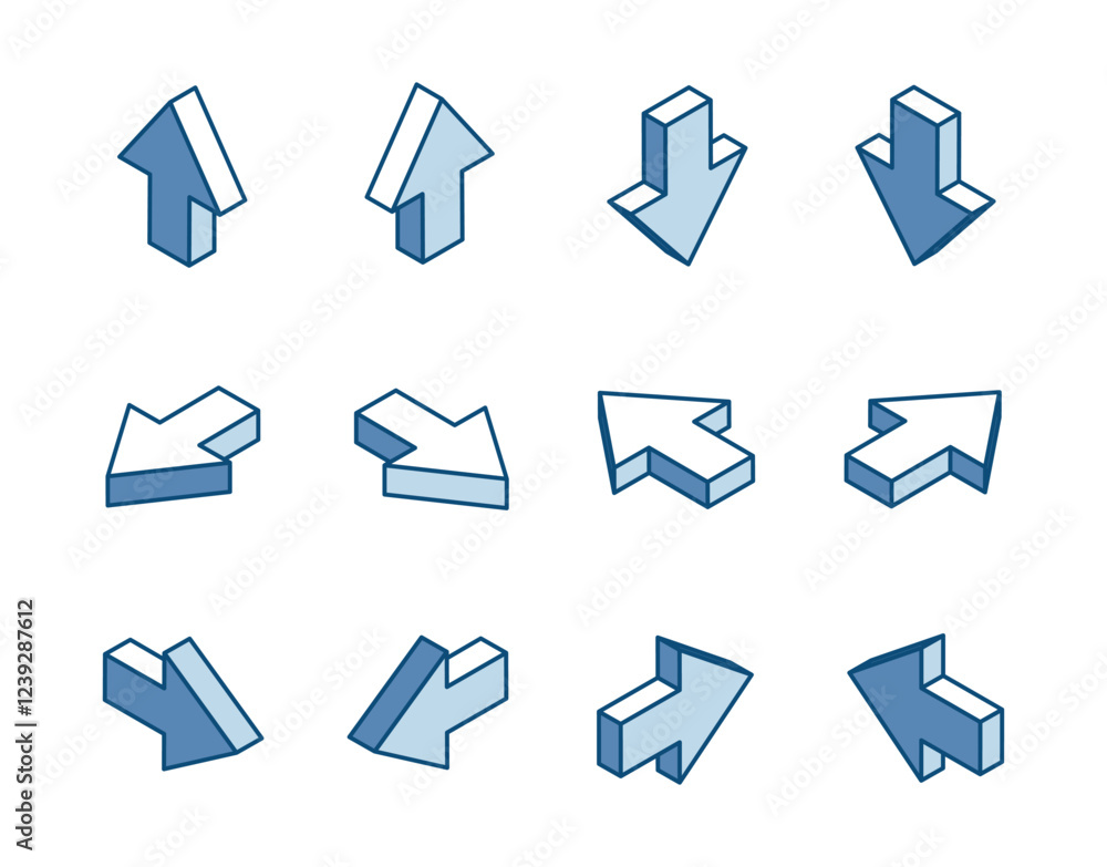 isometric vector set of arrows linear icons, in color on a white background, pointers for ...