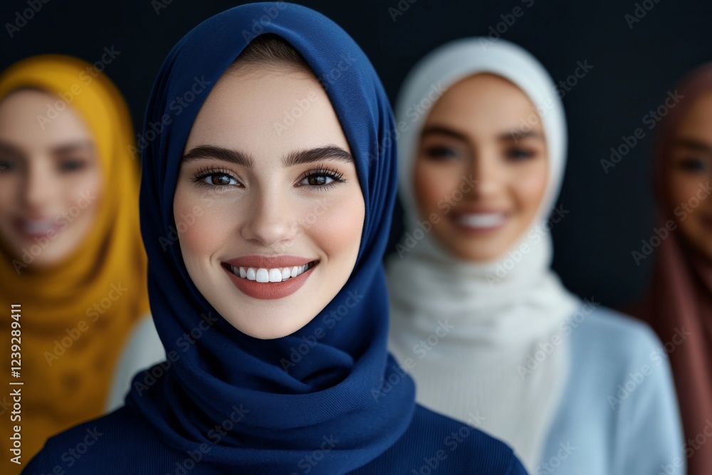 Smiling women wearing hijabs gather together in supportive community ...