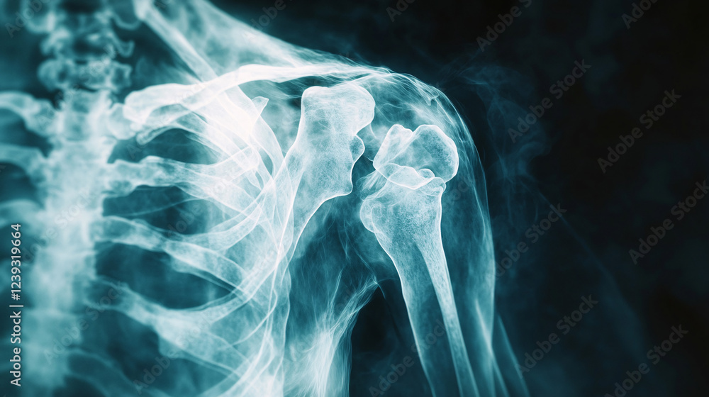 A detailed X-ray of the shoulder joint, with bones and connective ...