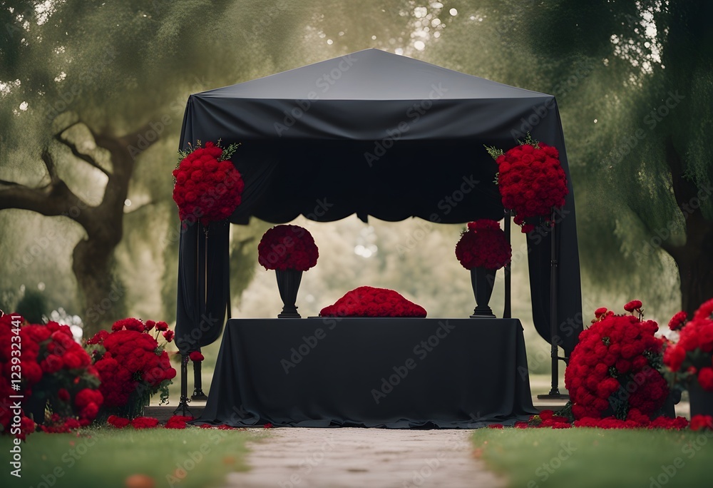 An outdoor funeral setting with a canopy draped in black fabric ...