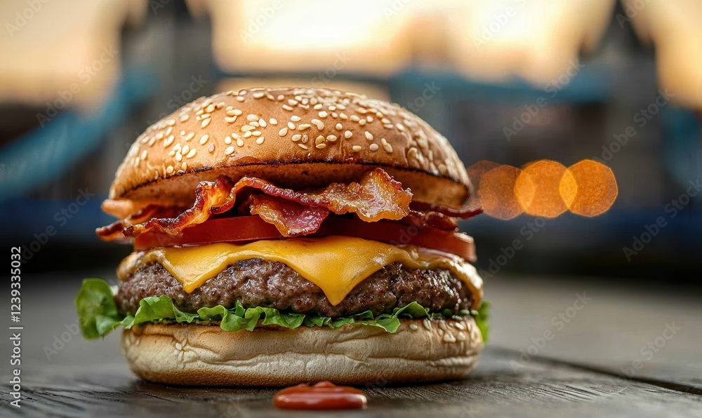 Juicy British beef burger in front of iconic Tower Bridge in London ...