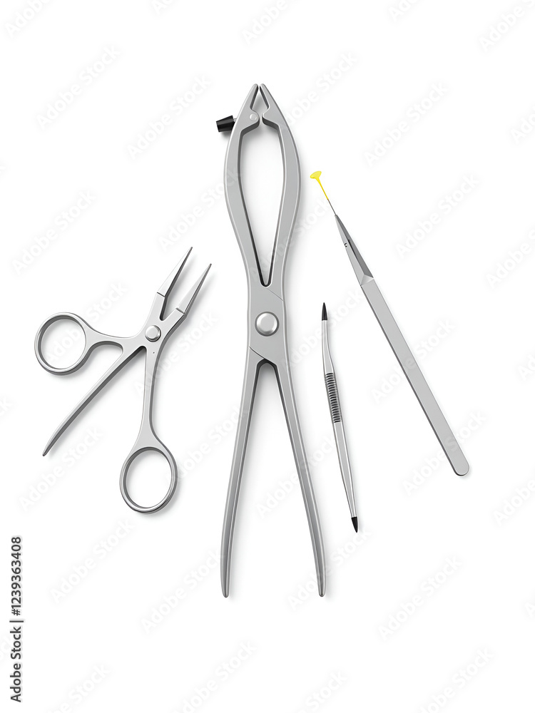 Surgical instruments. Medical hemostatic clamp, scissors, tweezer ...