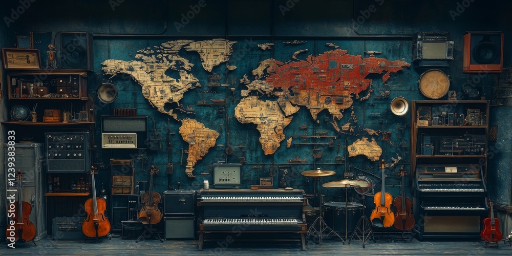 World map created with musical instruments arranged in an artistic ...