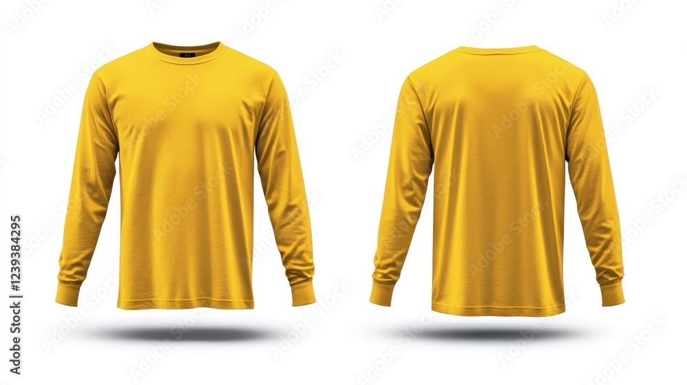 Yellow long-sleeve shirt, front and back view, white background ...