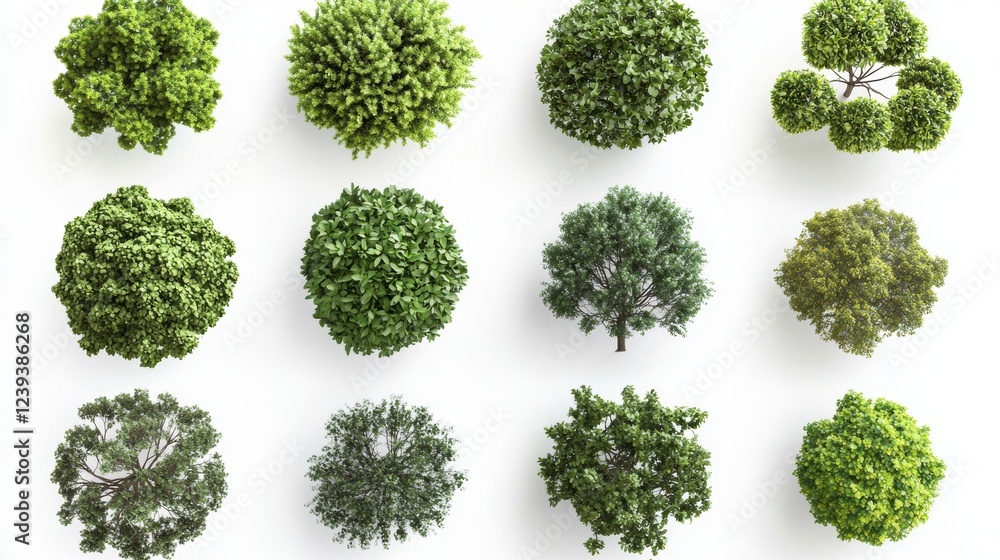 A top-down view of trees depicted in 3D for use in digital compositions ...
