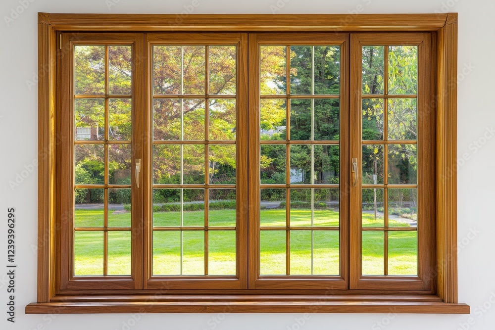 New wooden PVC window with brown metal frame installed at modern house ...