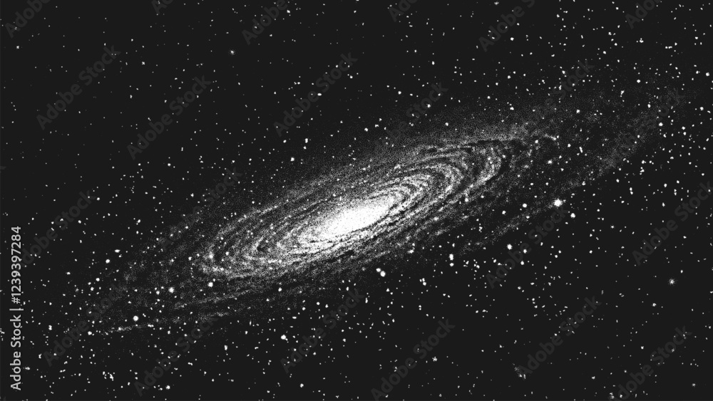 Deep space scene background in stippling style with huge spiral galaxy ...