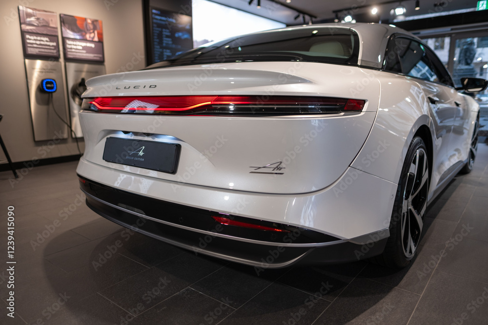Lucid Air's rear quarter panel, "Air" badge, battery electric luxury ...
