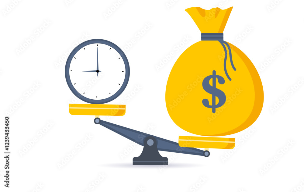 Time is money. Clock and dollar bag a balance scale. Financial concept ...
