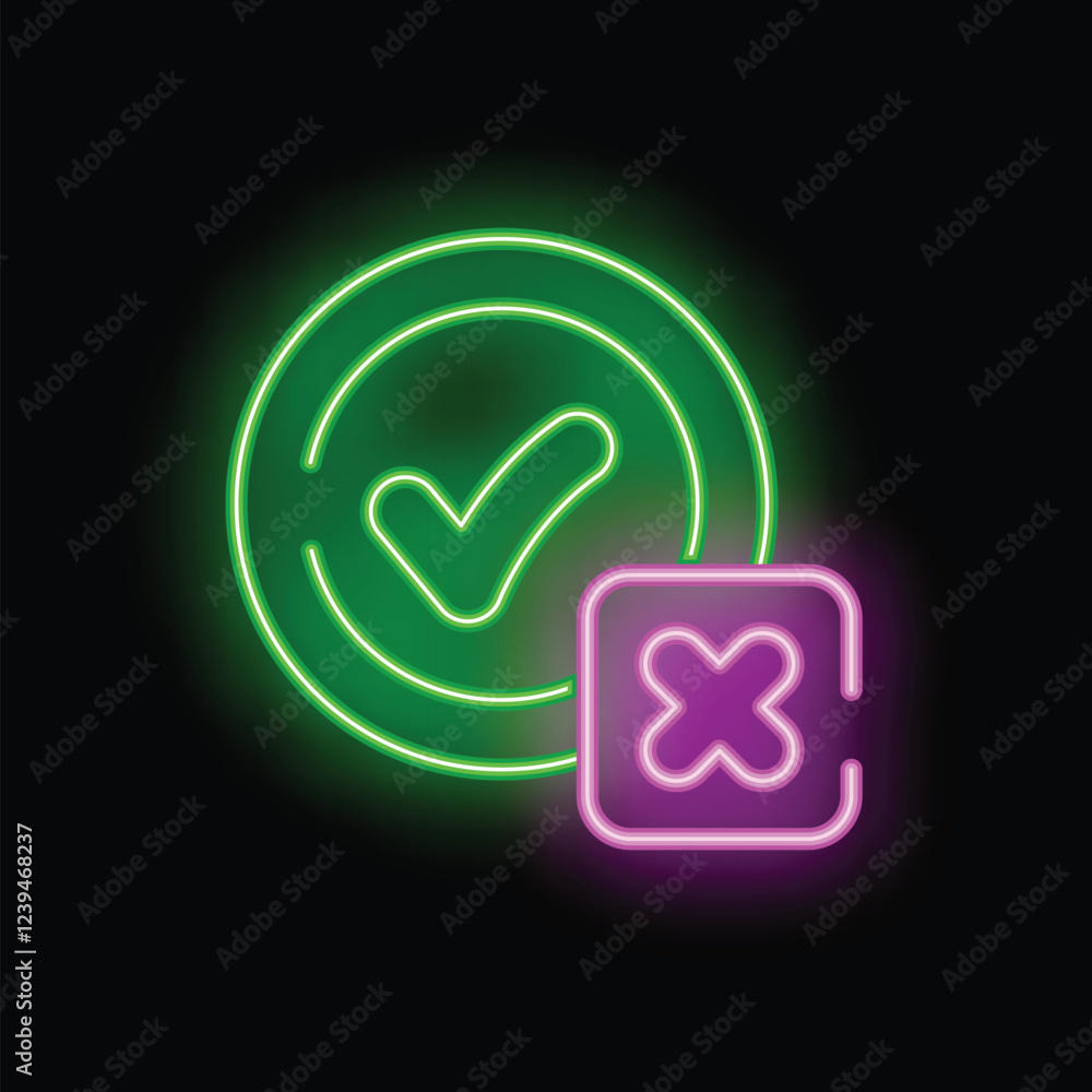 Neon green tick icon and red cross sign showing different status for ...