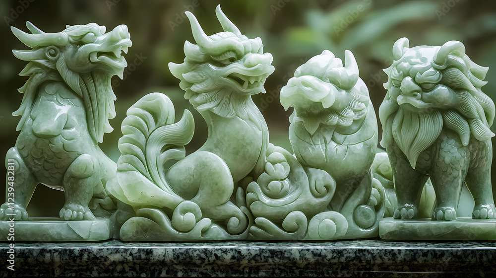 Jade animals, symbolic carvings, cultural motifs represent various ...