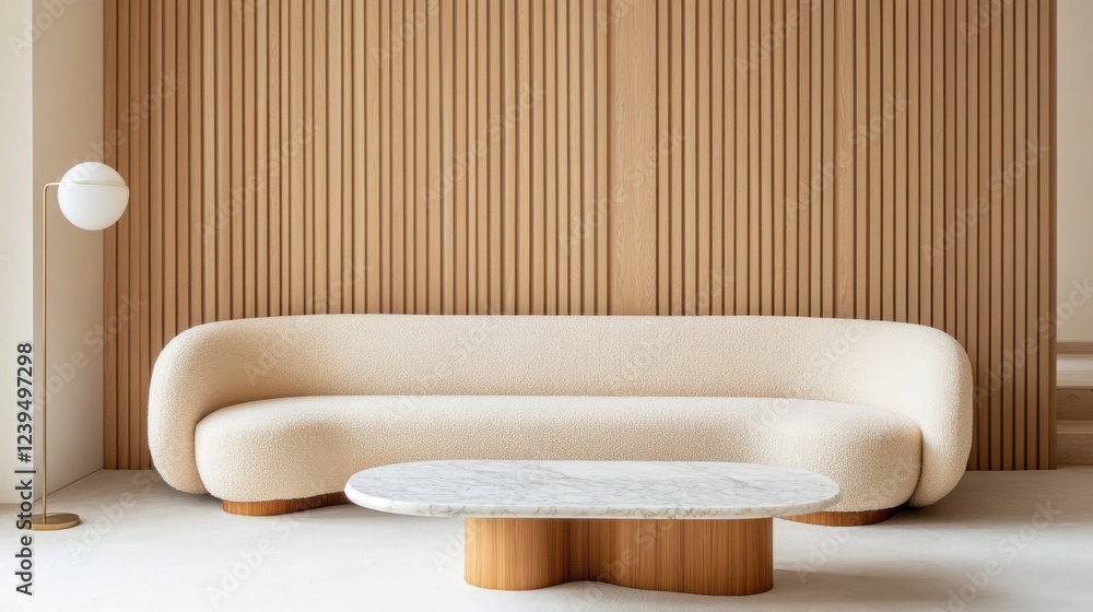 Japandi luxury living room, curved sand colored boucle sofa ...