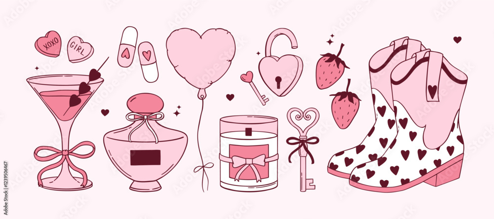 Coquette aesthetic girly stickers in hand drawn vintage style. Pink ...