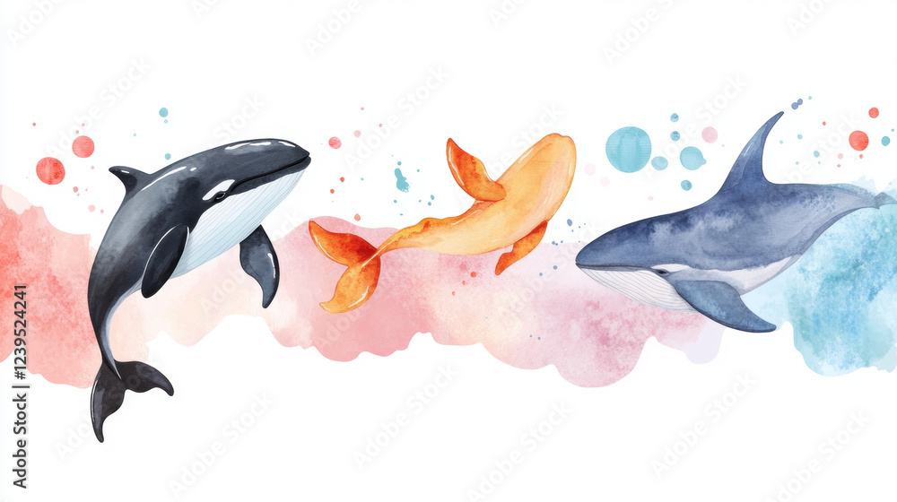 killer whale, watercolor, A pod of killer whales playfully swimming in ...