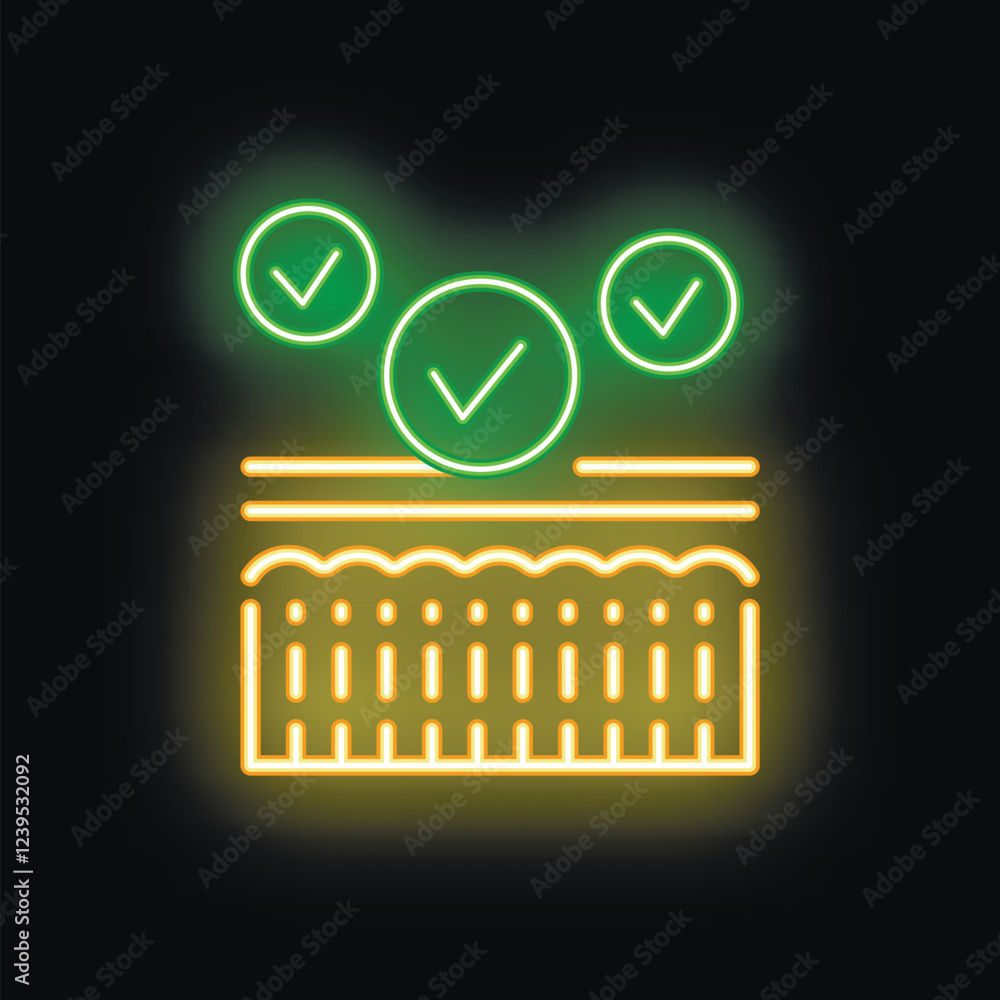 Neon green check marks hovering over layers symbolizing successful verification process in ...
