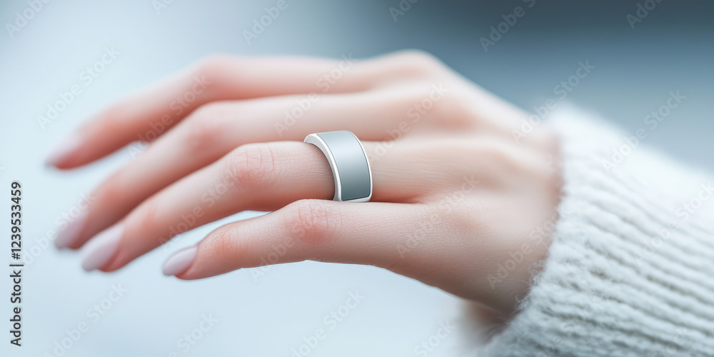 Female hand with Smart ring, modern wearable iot technology. Metal ring ...