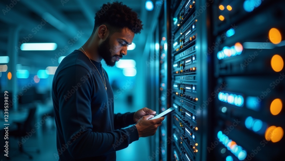 young man standing server room looking his phone wearing black long ...