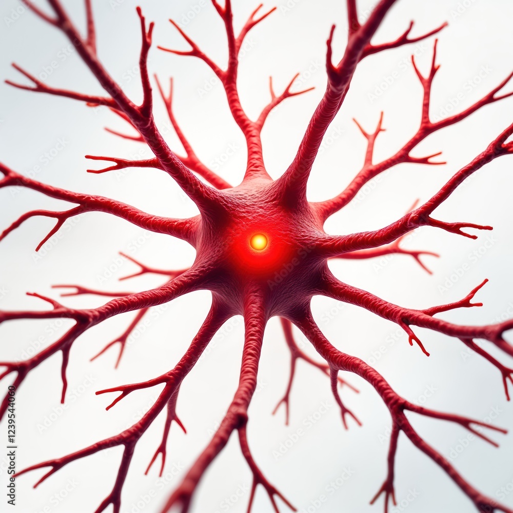 Detailed illustration of glowing red neuron. Vibrant network neural connections branching ...
