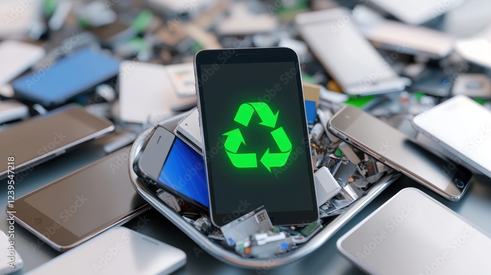 Pile of old phones, with recycle symbol on a screen, in a metal tray ...