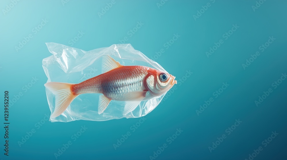 Plastic bag with trapped fish floating in blue water representing the ...